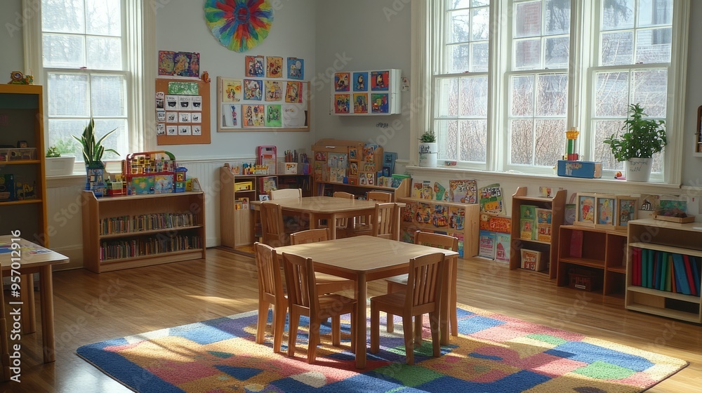 Low wooden tables paired with small chairs, surrounded by playful ...