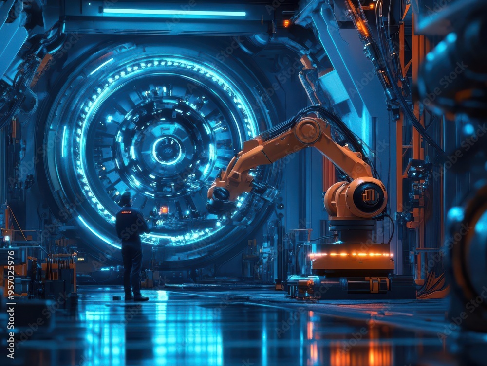 In a neon blue futuristic industrial setting, a wind turbine engineer ...