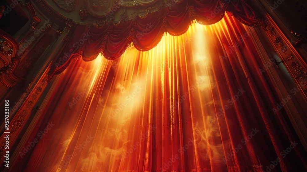 The dramatic curtain rises to reveal a majestic theater stage ...