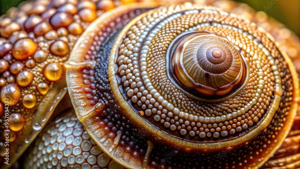 Extremely close-up view of a snail's slimy, intricately patterned skin ...