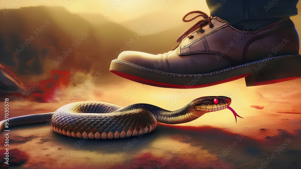 Step on a poisonous reptile. The foot steps on a crawling snake ...