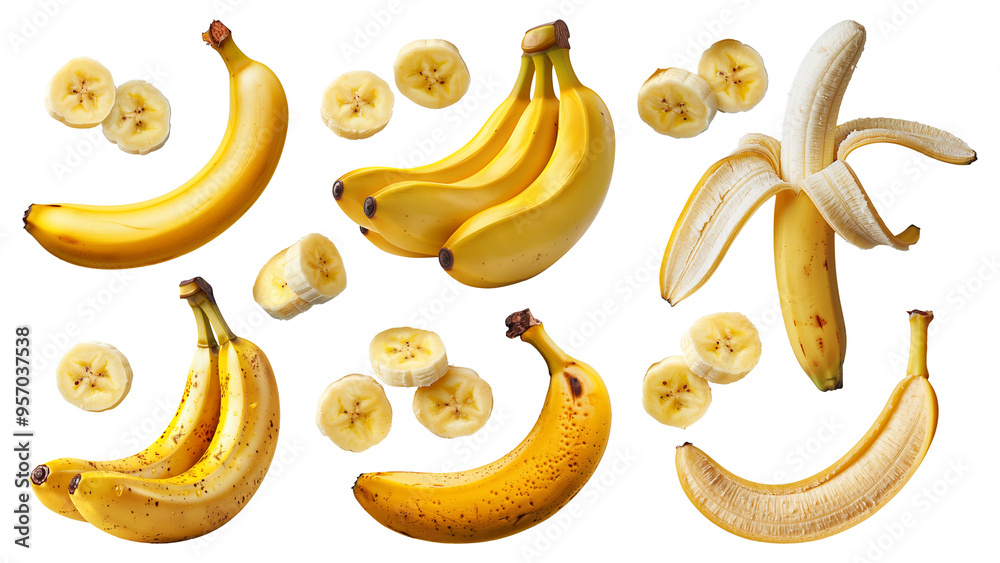 Foto de Banana set. Half, whole and peeled banana, bunch of bananas and ...