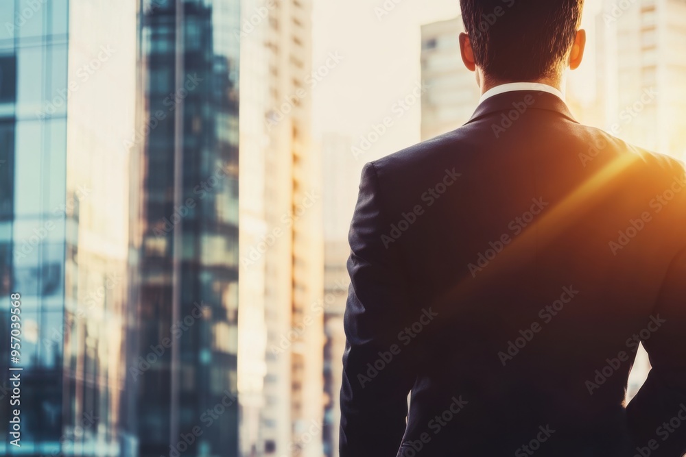 Back of businessman in suit with modern buildings. ?Background for ...