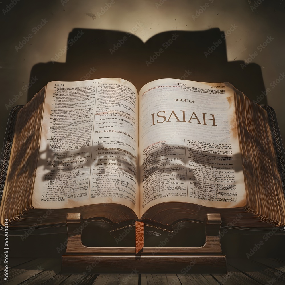 An epic cinematic presentation of an open bible. The book of Isaiah is ...