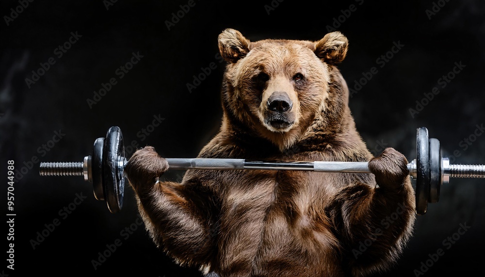 Strong bear lifting weights, dumbbell, set against a dramatic black ...