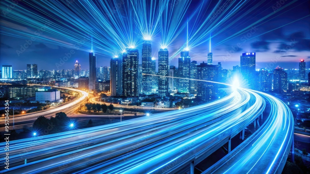 High-speed data transmission visualized as bright blue light trails ...