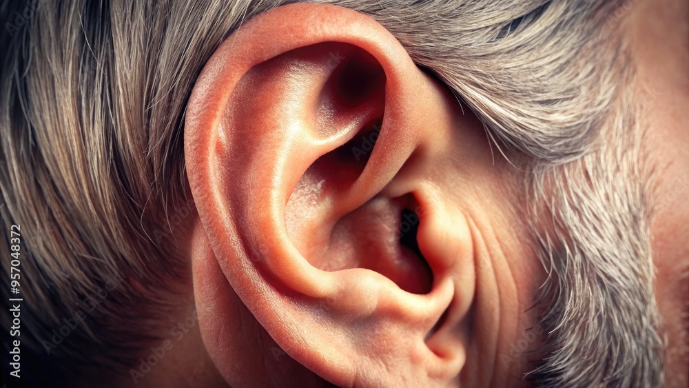 Intimate details of a human ear, showcasing curves and contours ...