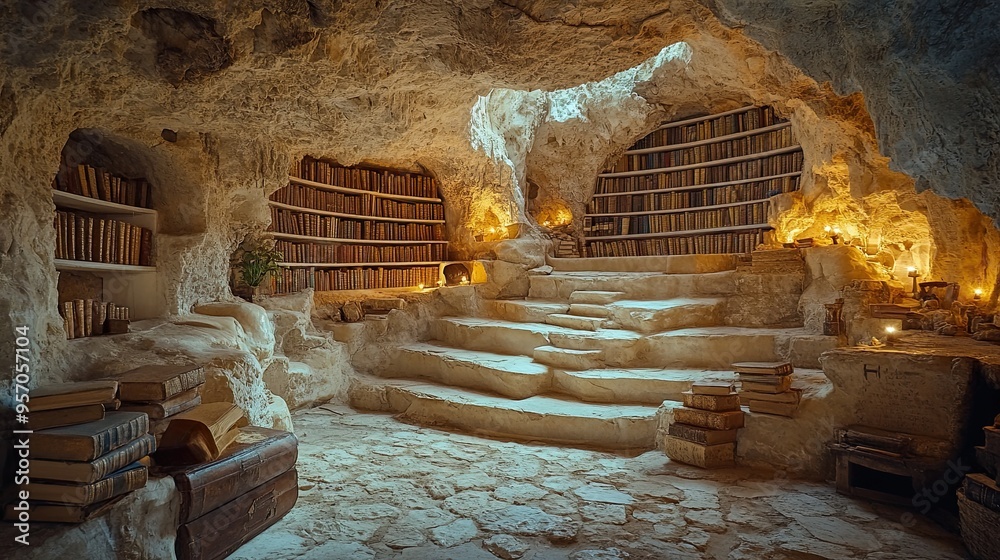 64. A subterranean library carved into a natural cave system, its walls ...
