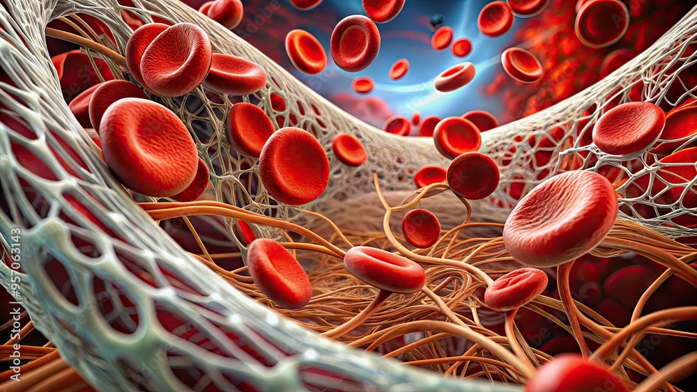 Microscopic image of blood clotting process, showcasing red blood cells ...