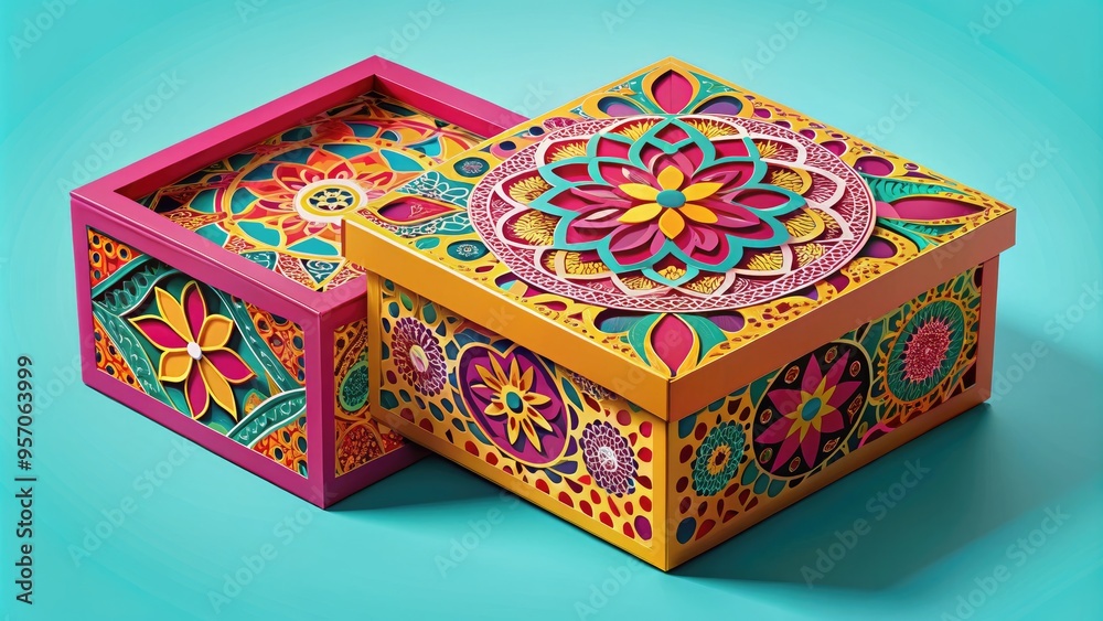 Vibrant colorful die-cut box template with intricate design elements ...