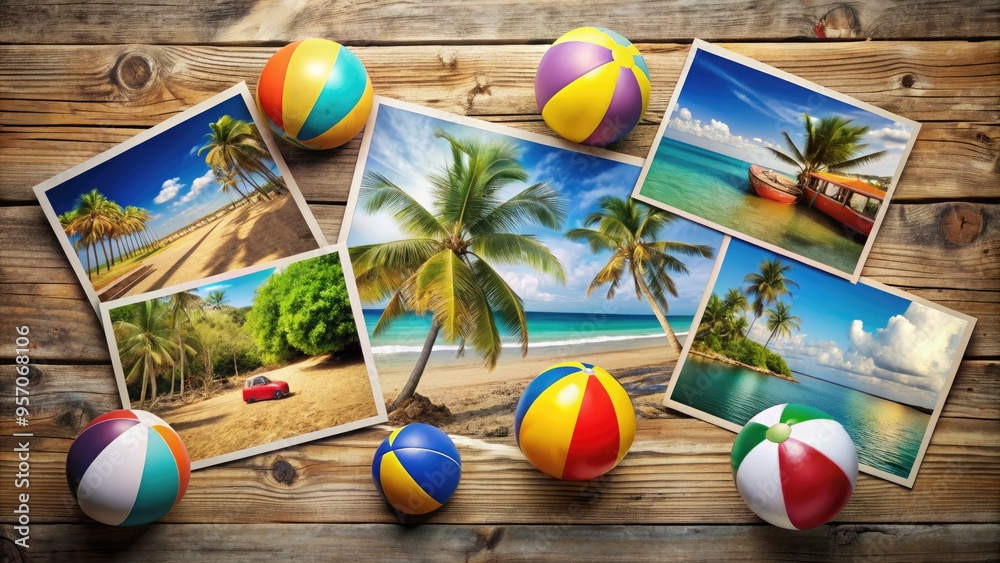 Vibrant, colorful postcards featuring iconic summer vacation scenes ...