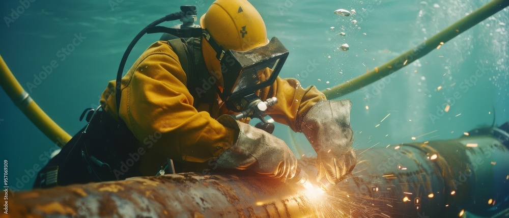 An underwater scene captures a diver wearing a yellow suit, welding a ...