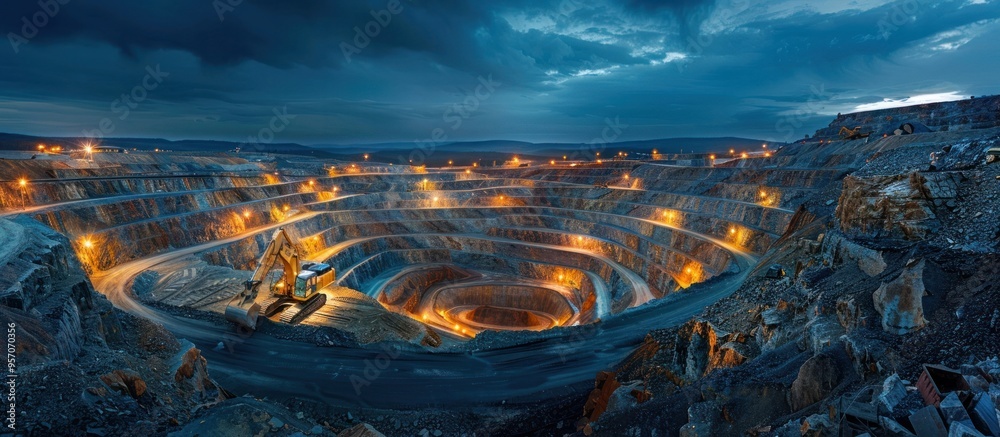 Dramatic night view of a large open pit mining quarry with glowing ...