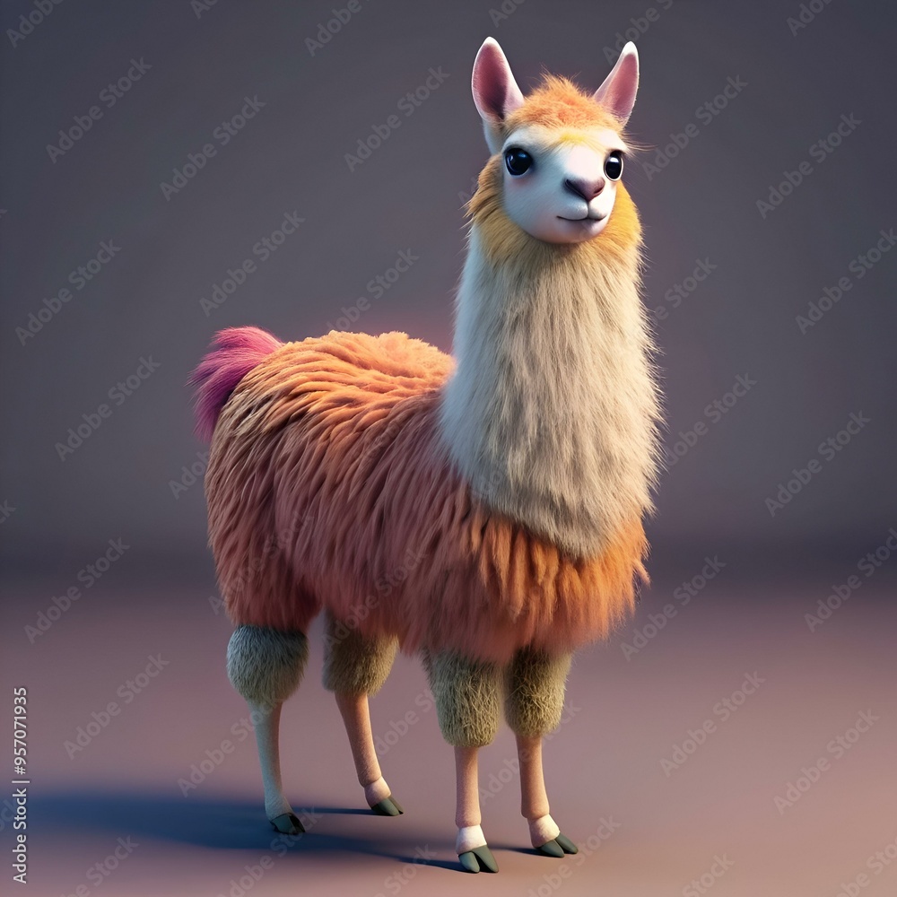 Adorable 3D illustration of a fluffy llama with a friendly expression ...
