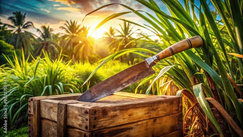 Rusted machete laid on a worn wooden crate filled with freshly cut ...