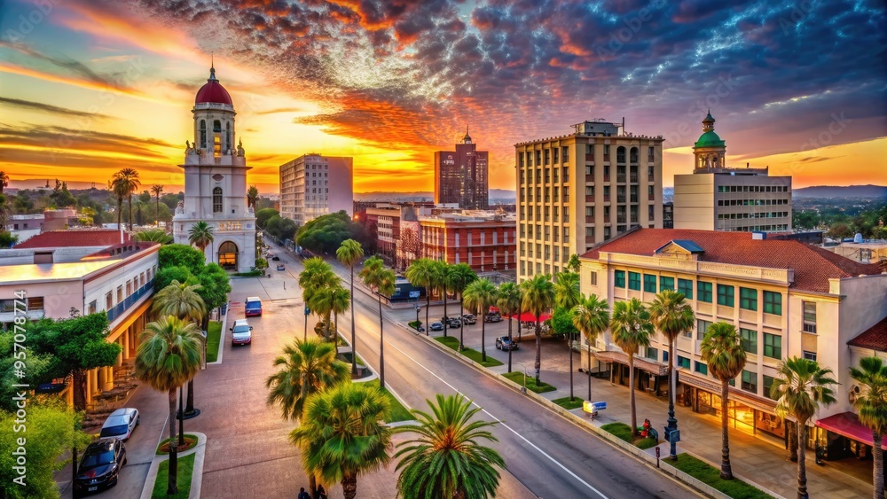 Vibrant downtown Riverside cityscape at sunset, featuring iconic Main ...