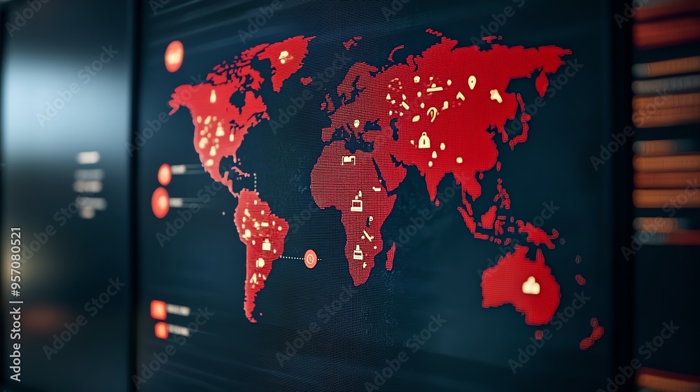 An interactive world map on a digital screen with icons representing ...