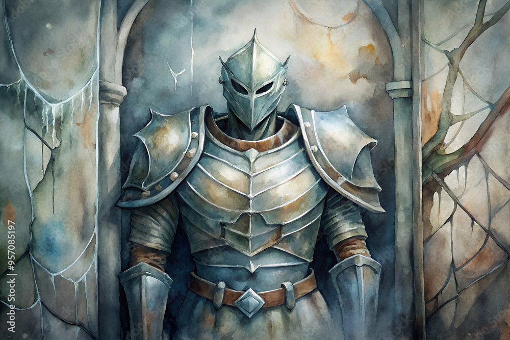 A knight in a suit of armor stands in front of a window. The knight is ...