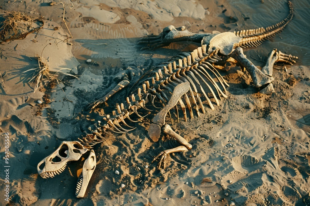 The well-preserved skeleton of a dinosaur lies half-buried in the sandy ...