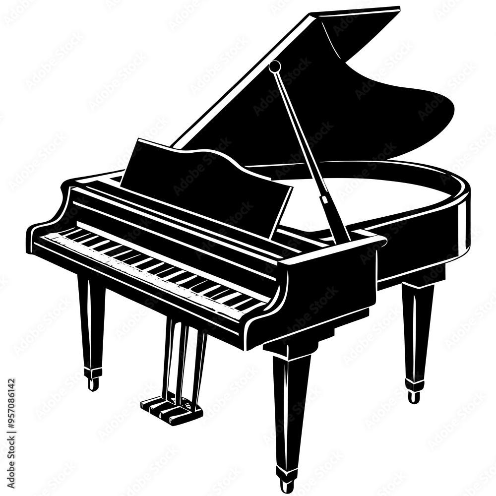 piano silhouette, a grand piano shape, grand piano and music notes ...