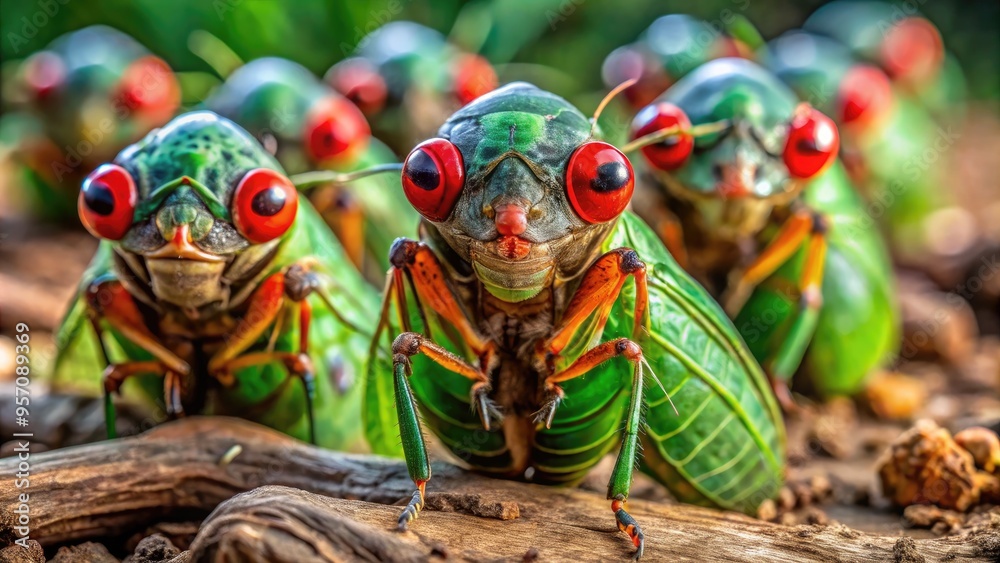 Vibrant green cicadas with vibrant red eyes emerge from cracked earth ...