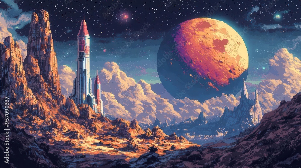 retrofuturistic 8bit pixel art scene featuring vibrant space planets ...