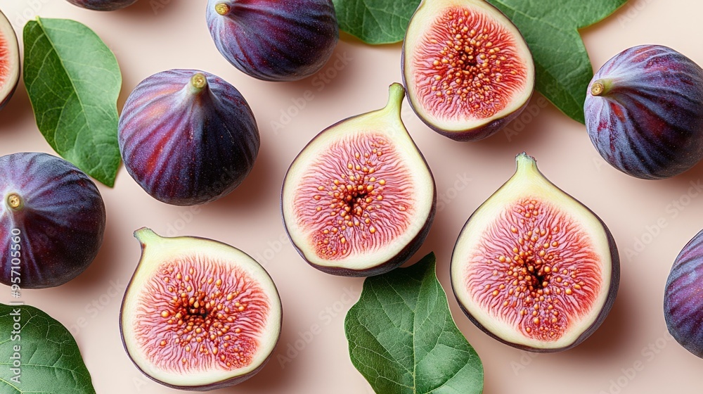 Flat Lay of whole and halved figs on a light beige background with a ...