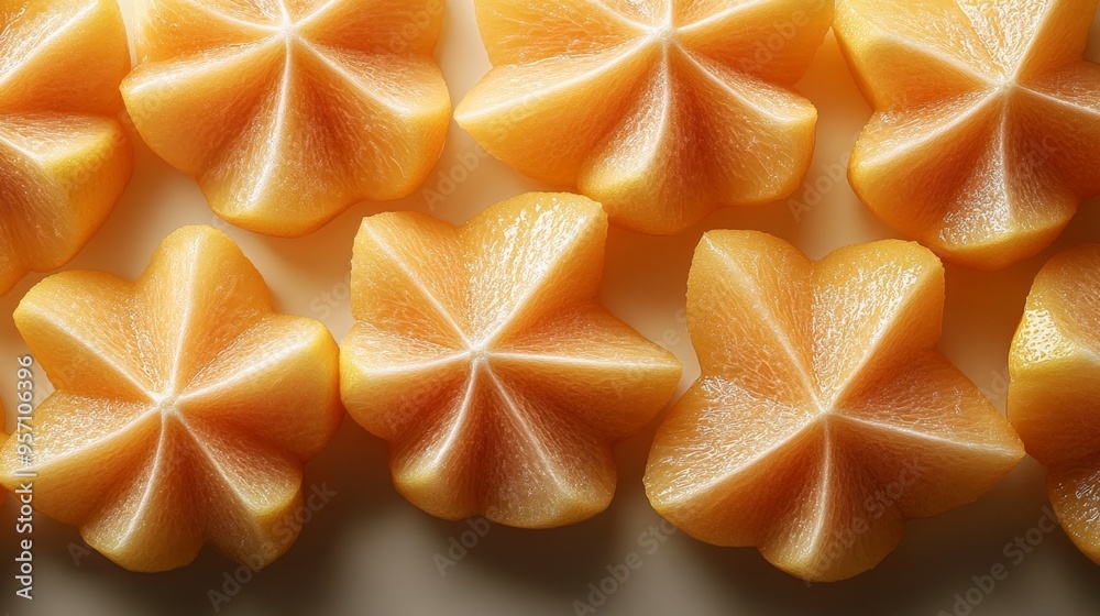 Flat Lay of sliced star fruit arranged in a star pattern on a light ...