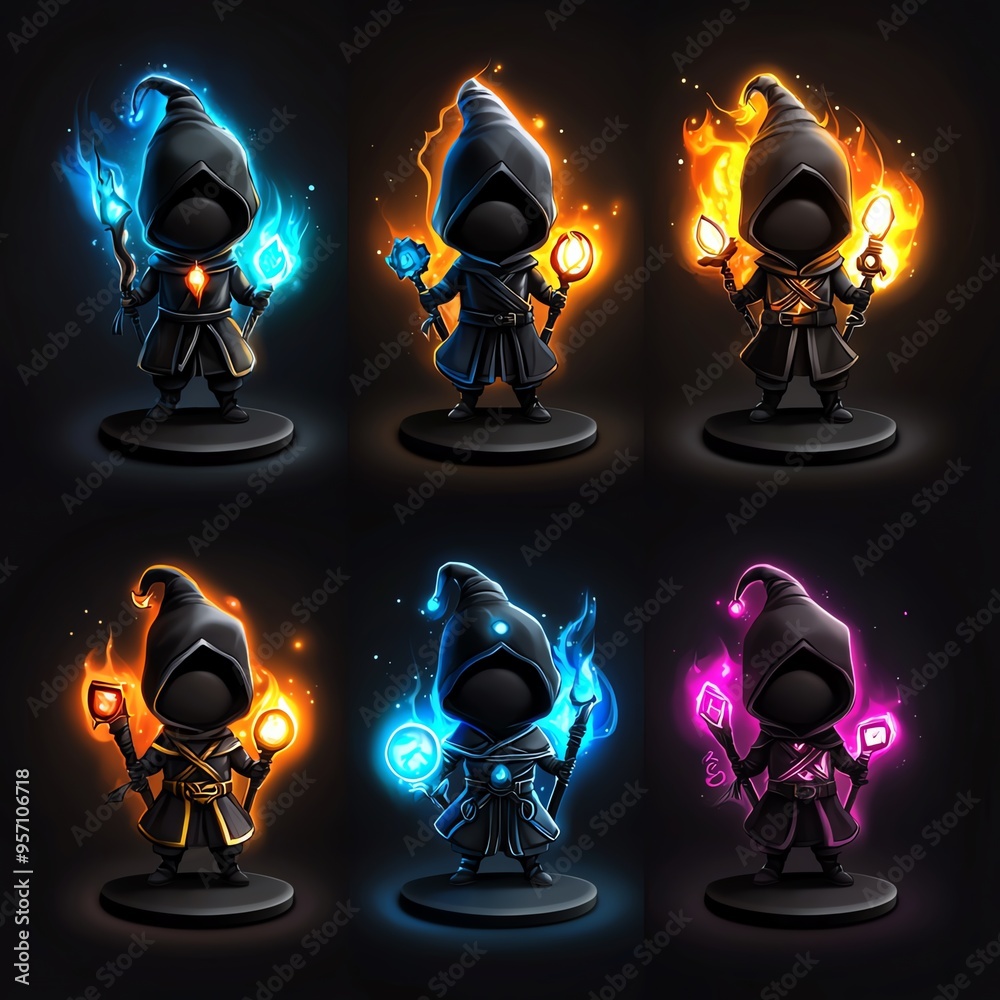 Six magical hooded figures wielding elemental powers, showcasing fire ...