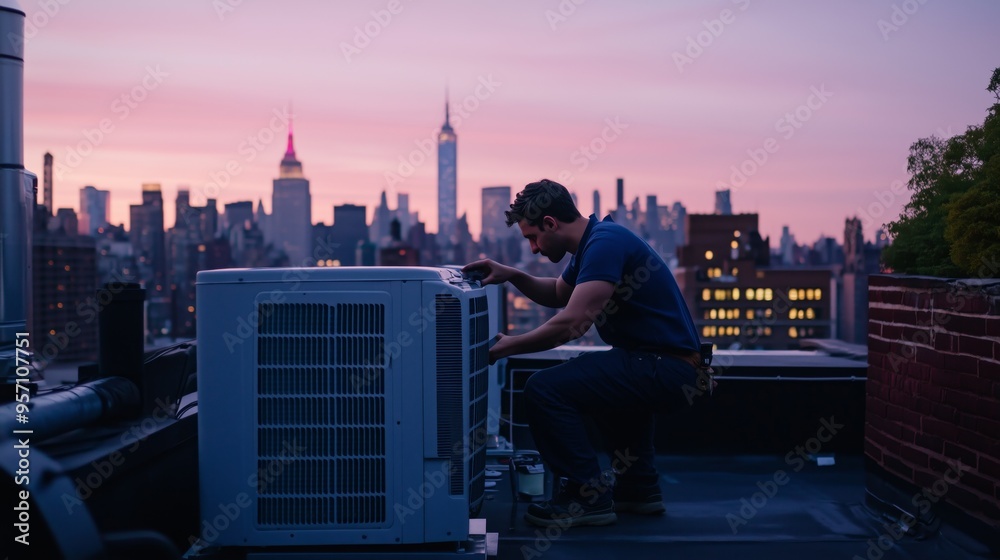 technician maintaining rooftop hvac system with sunset sky and city ...