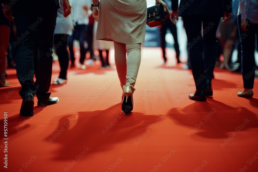 People walk along a red carpet, with the camera focused on the legs and ...