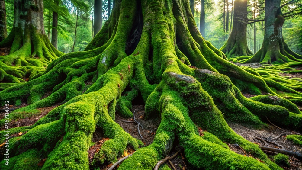 Lush, emerald green moss crowns the gnarled roots of an ancient tree ...