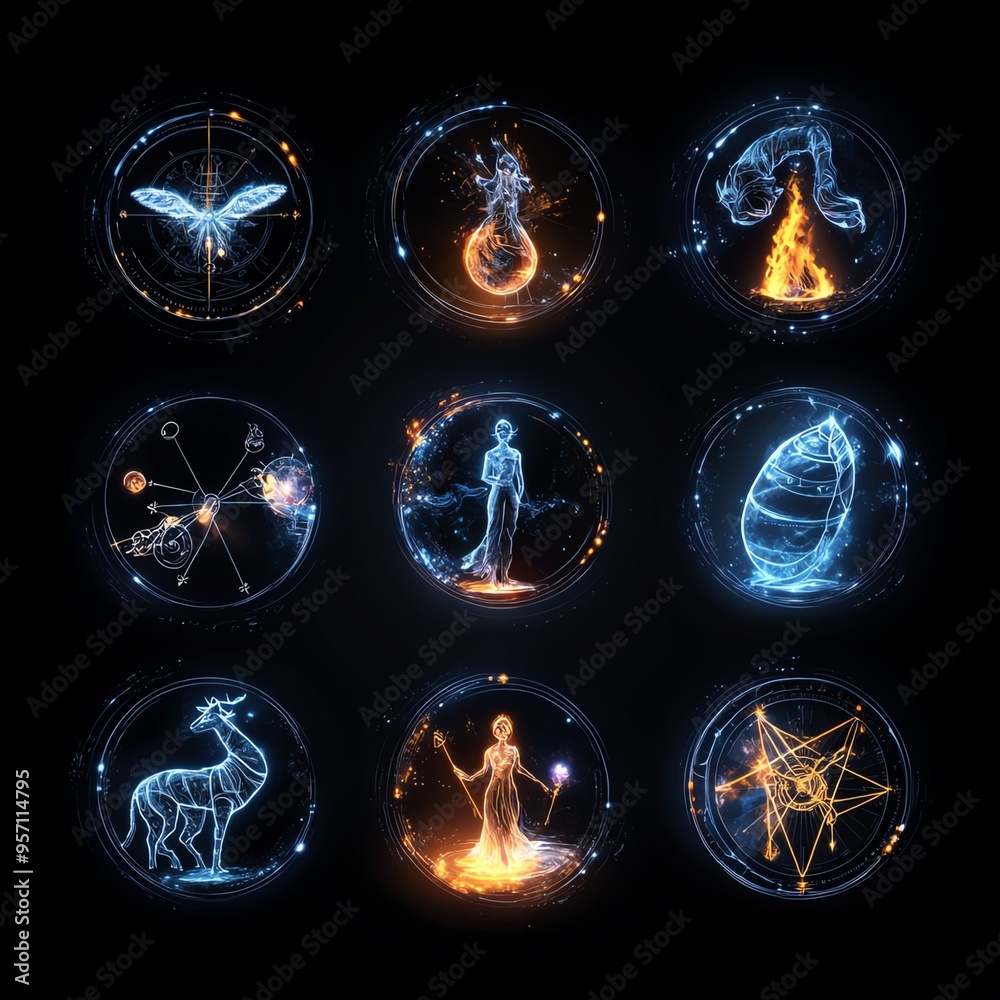 A captivating set of mystical symbols depicted in glowing orbs ...