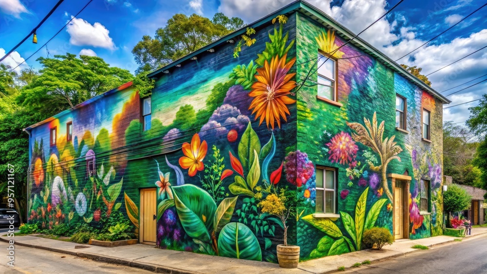 Vibrant street art mural covers a worn building facade in the eclectic ...