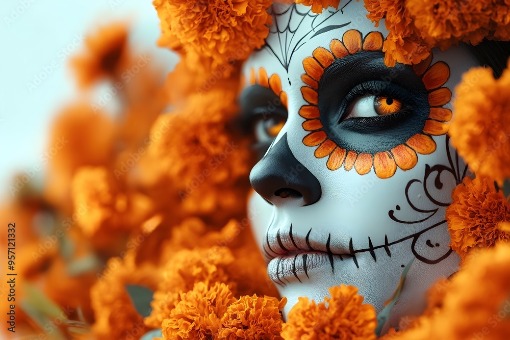 Rostro de hermosa mujer con maquillaje de Catrina rodeada de flores de ...