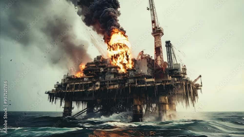 Offshore oil rig is engulfed in flames as dark smoke billows into the ...