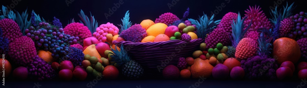A Thanksgiving scene in a neon-lit future, where a cornucopia filled ...