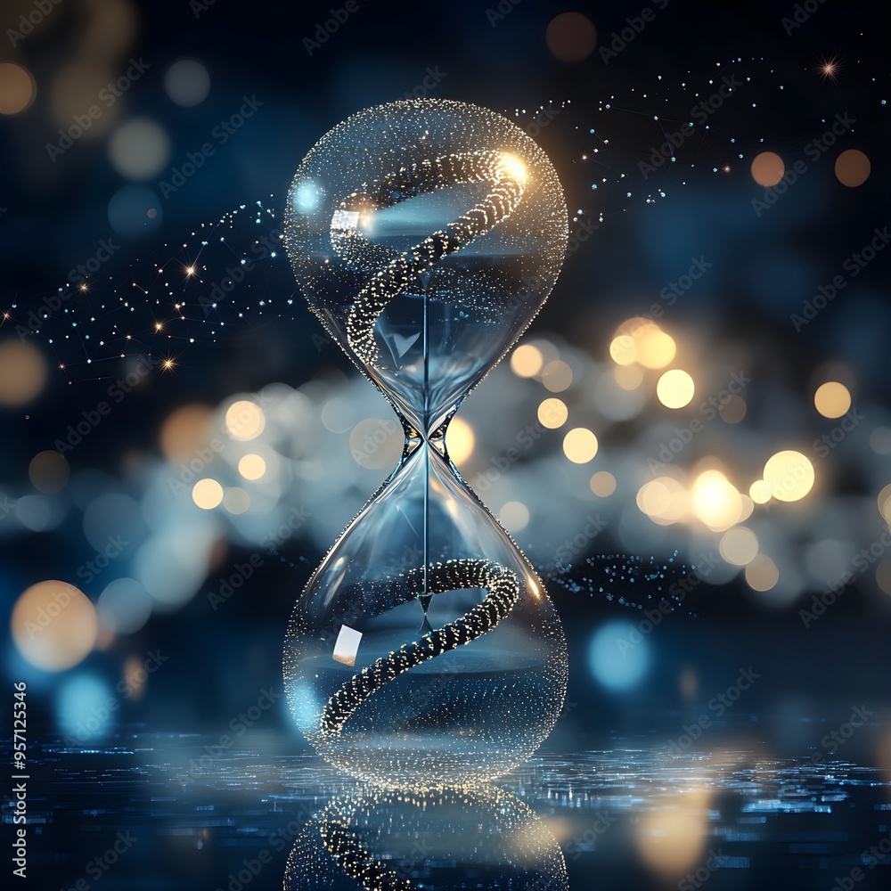 An hourglass intertwined with a DNA helix against a backdrop of digital ...