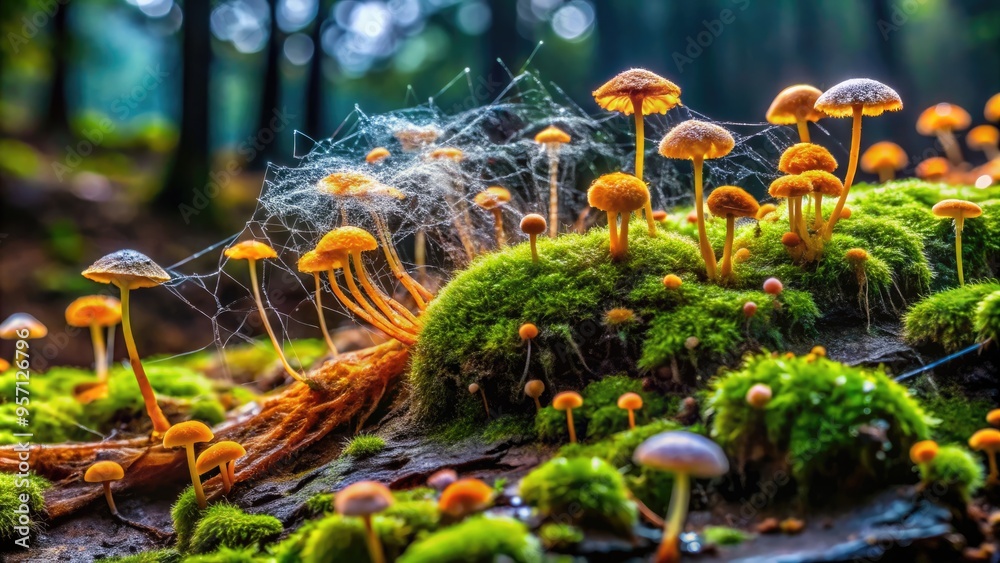 Vibrant, intricate network of fungal hyphae and mycelium spreads across ...