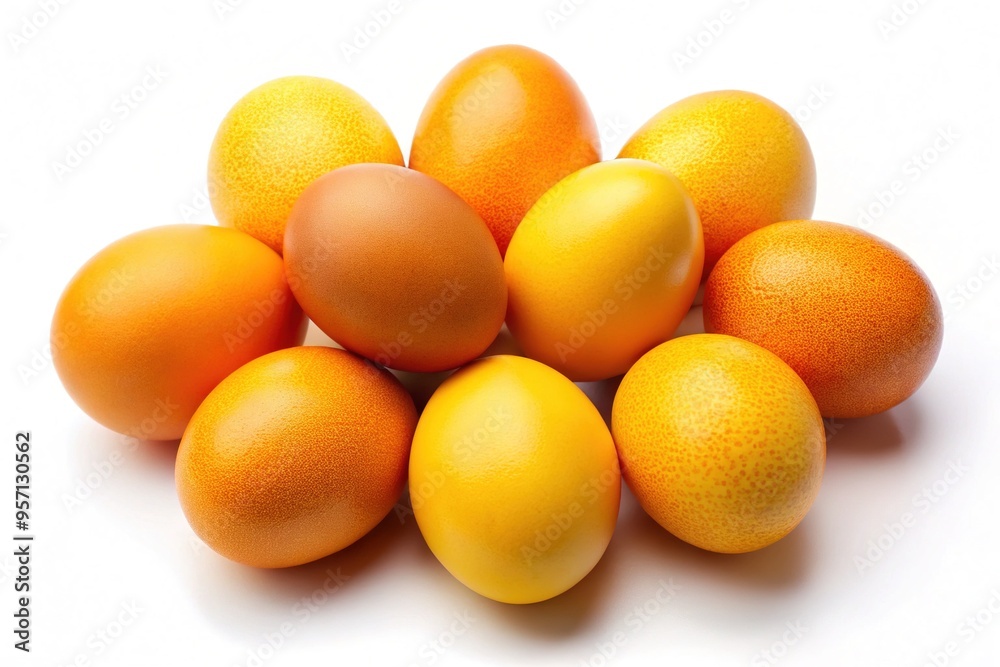 Vibrant bright yellow eggs boasting bold orange yolks cluster together ...