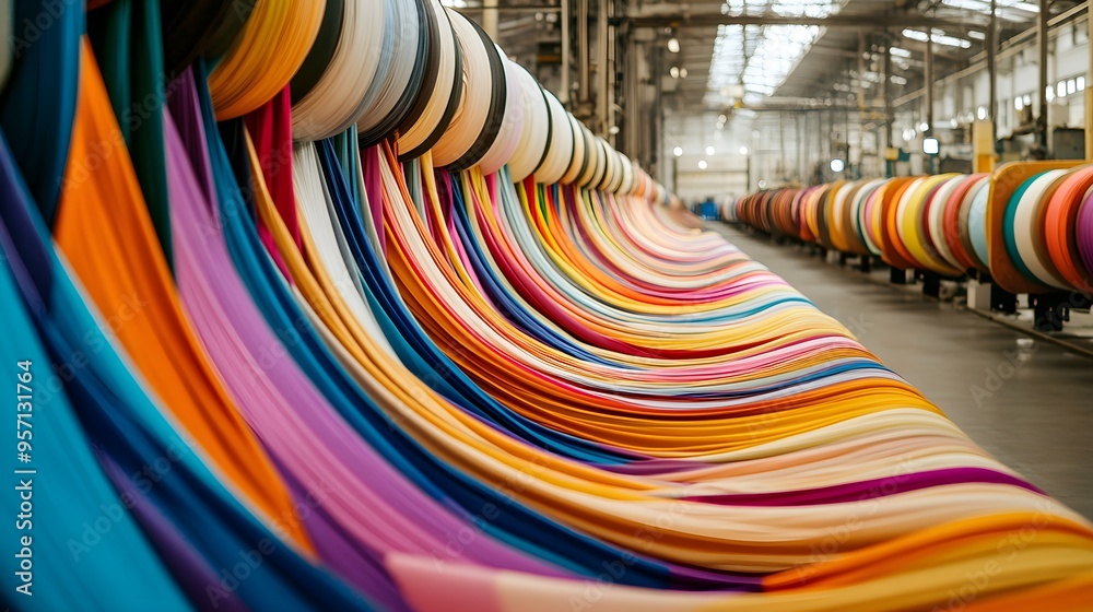 Fabric Flow A massive roll of colorful fabric cascading down a factory ...