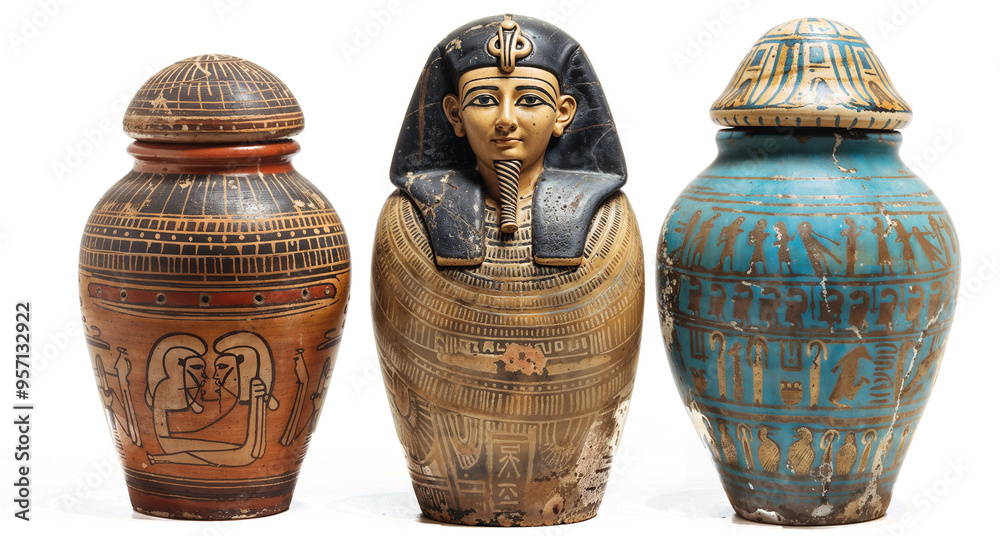 Trio of decorative Egyptian canopic jars. Painted ceramic vessels with ...
