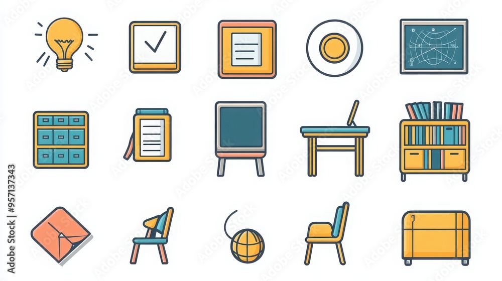 Classroom Essentials thin line icon set. Containing chalkboard, desk ...