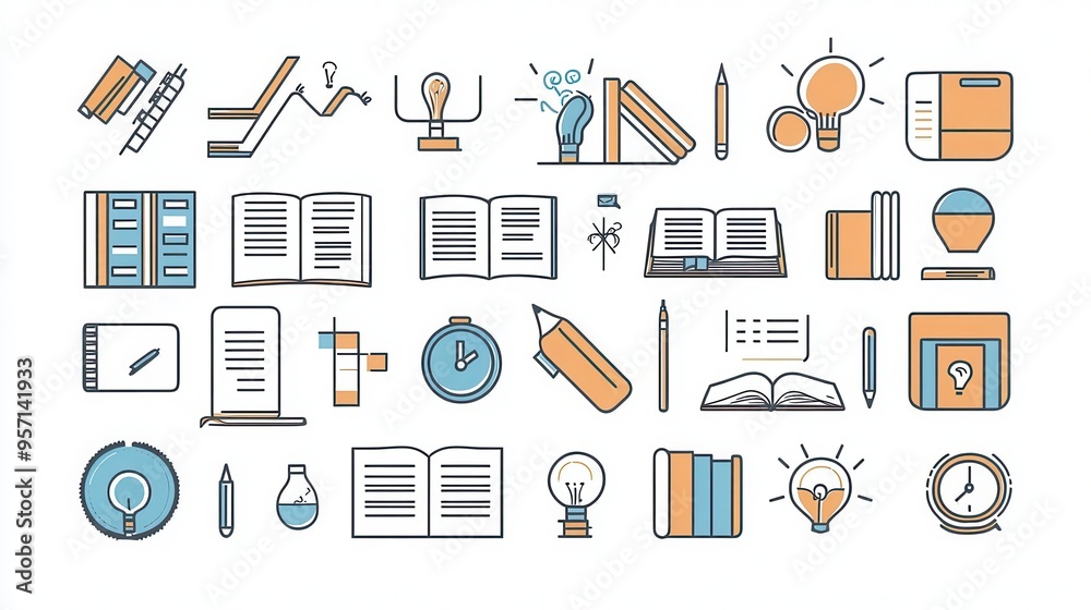 Study Habits thin line icon set. Containing planner, study schedule ...