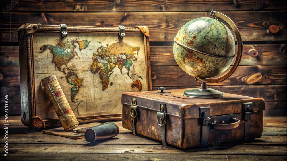 Vintage suitcase, antique globe, and worn maps scattered on a ...