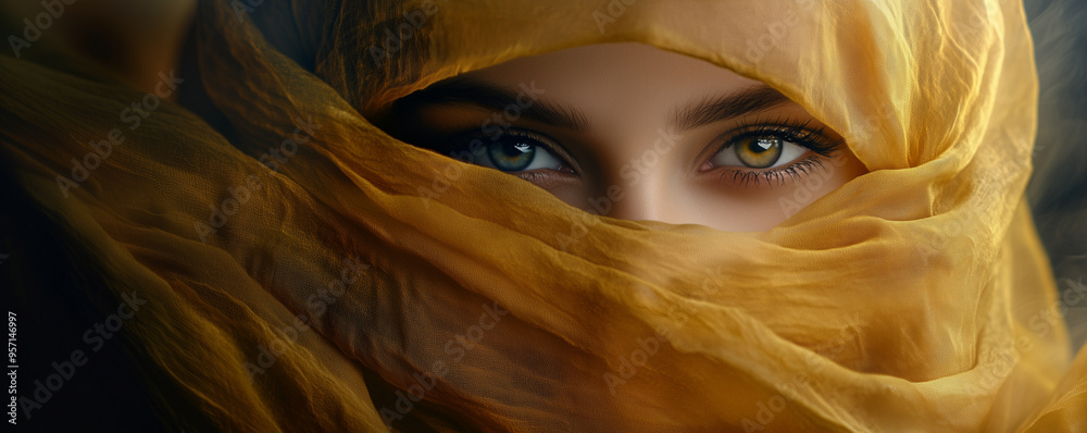 Graceful mysterious woman veiled, revealing only her mesmerizing eyes ...