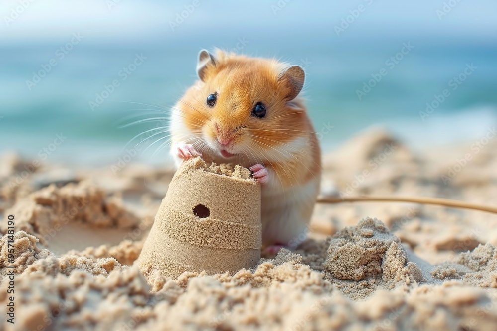 A small hamster diligently builds a sandcastle on a miniature beach ...