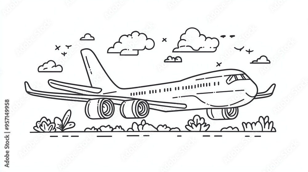 A simple line drawing of a plane flying through the clouds. The plane ...