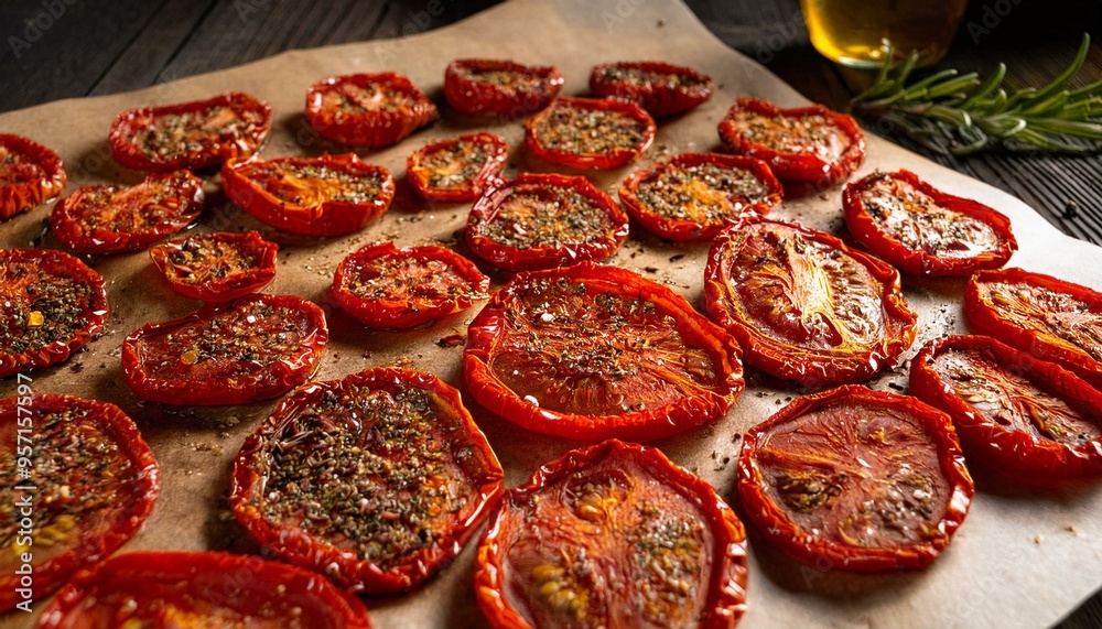 Homemade sun-dried tomatoes. Sliced red tomatoes with spices, garlic ...