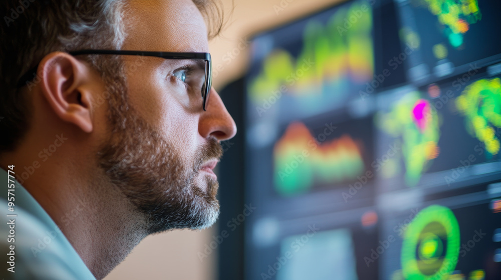 Meteorologist analyzing storm data on multi screen setup, focused on ...